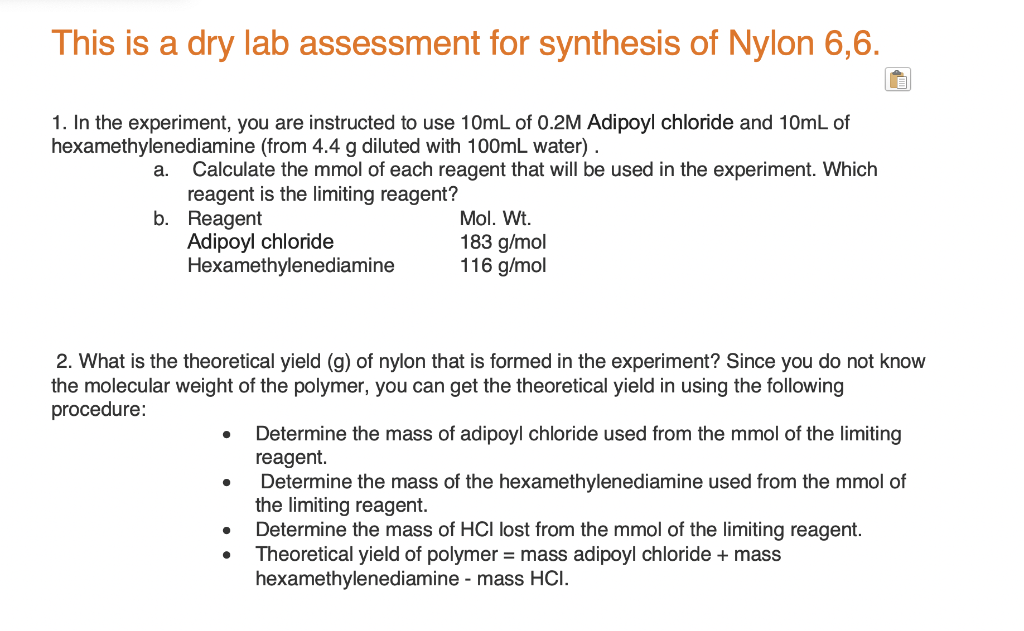 Solved This is a dry lab assessment for synthesis of Nylon | Chegg.com
