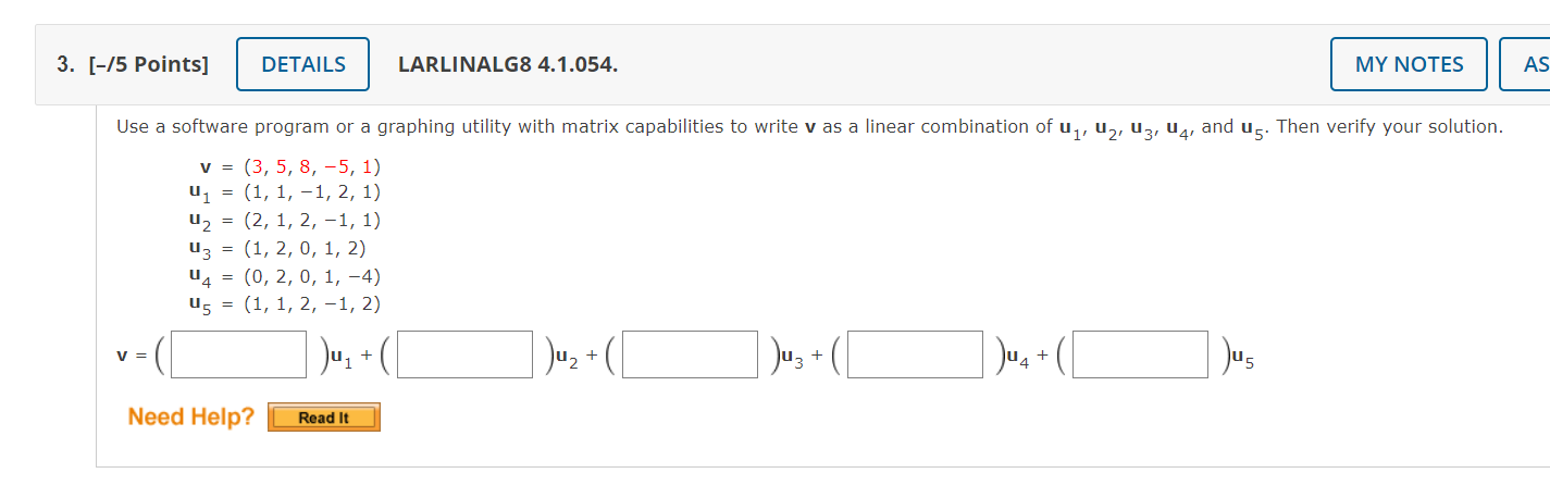 Solved 3. [-15 Points] DETAILS LARLINALG8 4.1.054. MY NOTES | Chegg.com