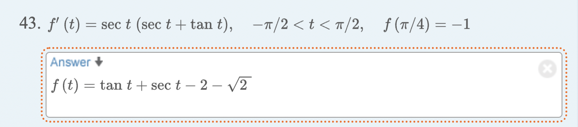 Solved f′(t)=sect(sect+tant),−π/2 | Chegg.com