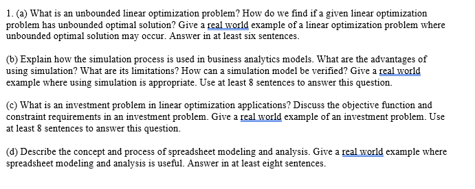 Solved 1. (a) What is an unbounded linear optimization | Chegg.com
