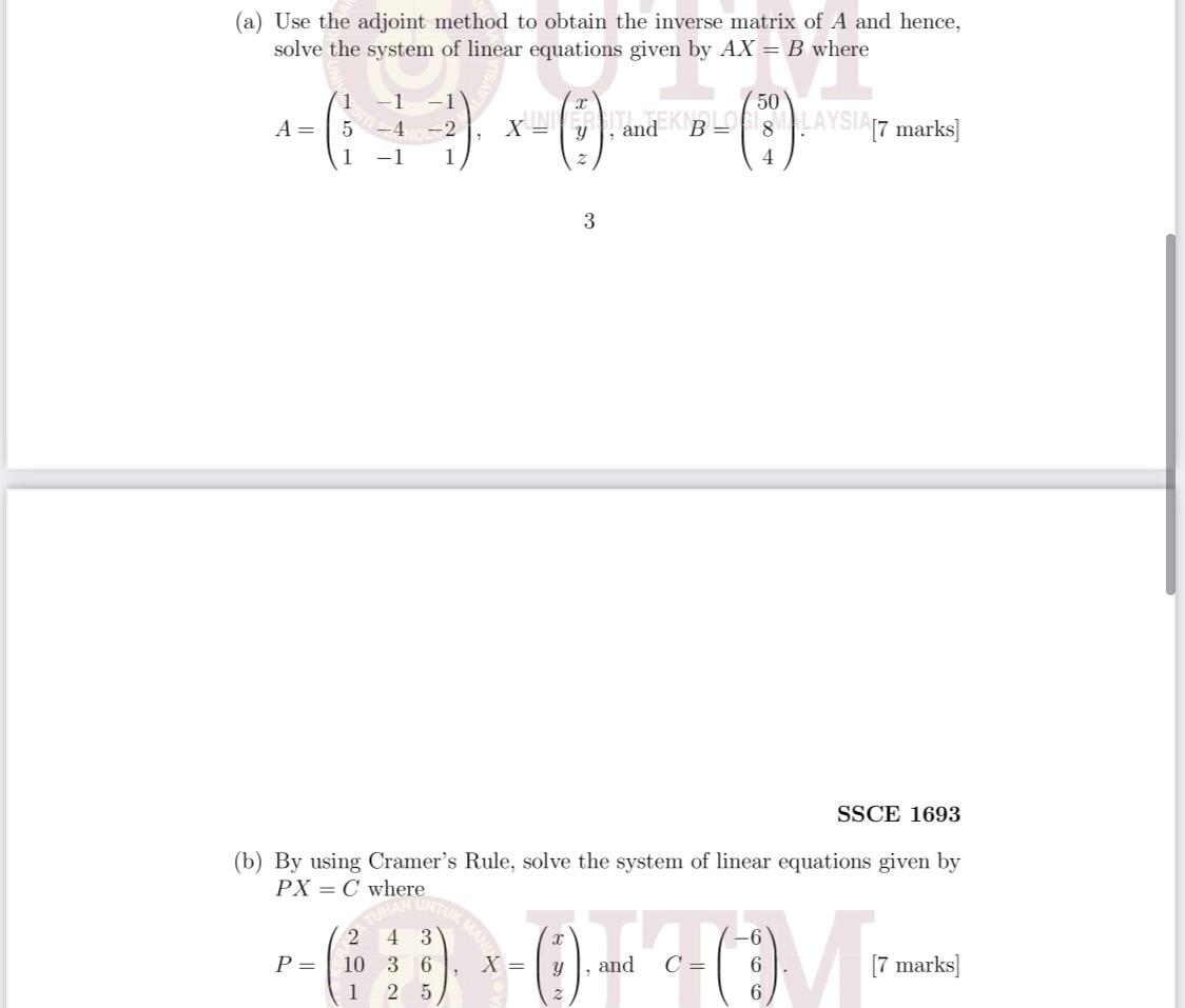 Solved (a) Use the adjoint method to obtain the inverse | Chegg.com