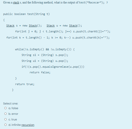 Solved Given a stacks, and the following method, what is the | Chegg.com