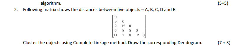 Solved algorithm. 2. Following matrix shows the distances | Chegg.com