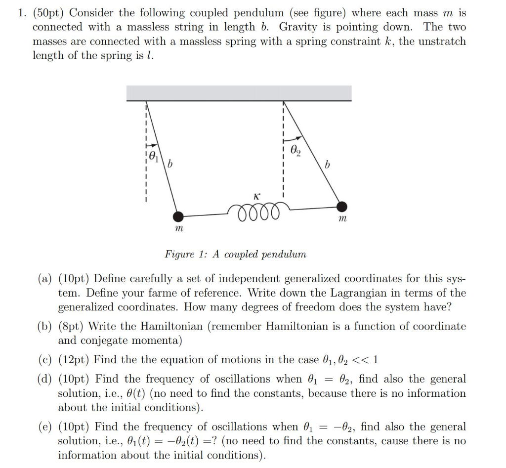 Solved 1. (50pt) Consider the following coupled pendulum | Chegg.com