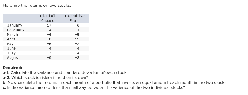 Solved Here are the returns on two stocks. Required: a-1. | Chegg.com
