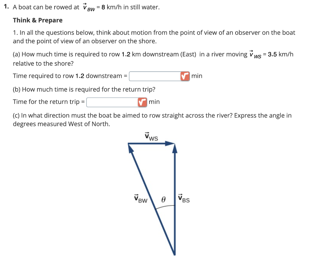 Solved 1. A boat can be rowed at vBW=8 km/h in still water. | Chegg.com