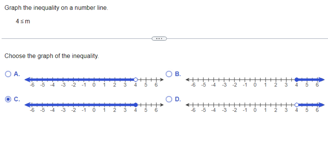 Solved Graph the inequality on a number line.4≤mChoose the | Chegg.com