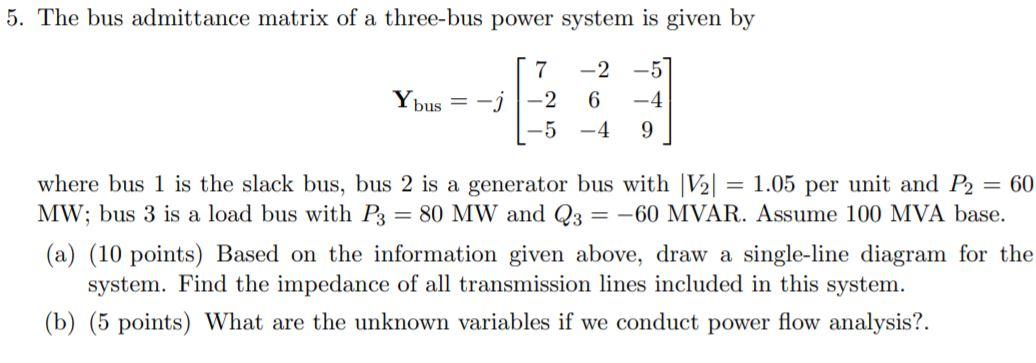 Solved 5. The bus admittance matrix of a three-bus power | Chegg.com
