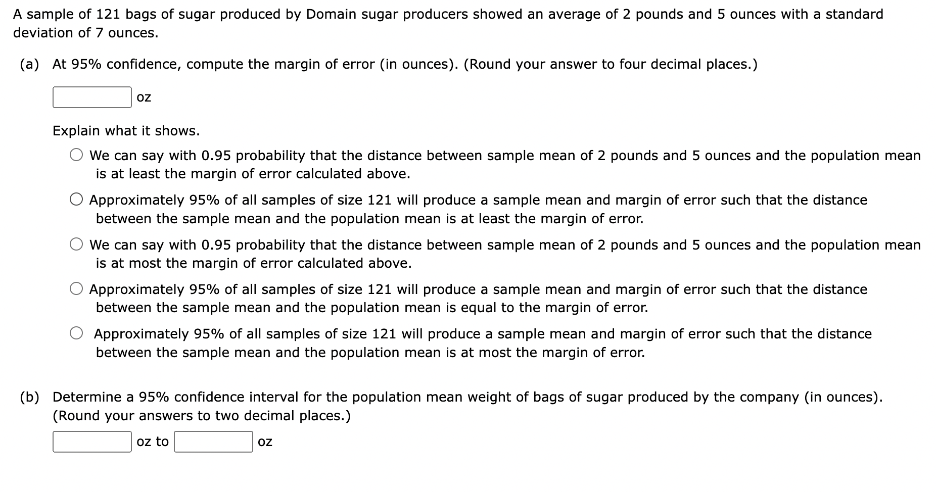 Solved A sample of 121 bags of sugar produced by Domain | Chegg.com