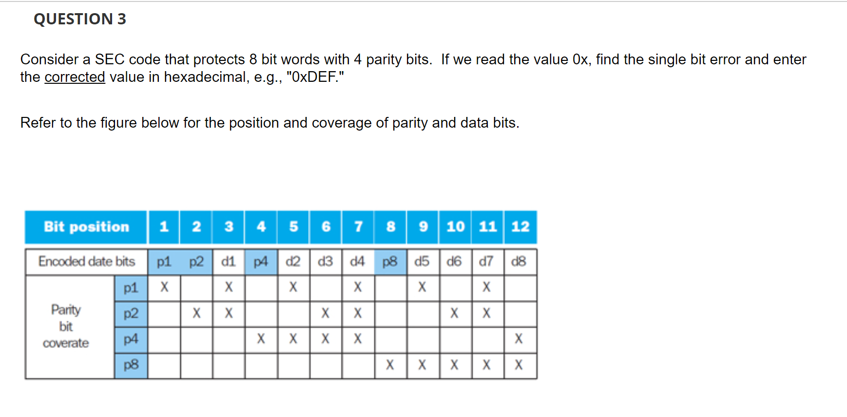 Solved QUESTION 3 Consider a SEC code that protects 8 bit | Chegg.com