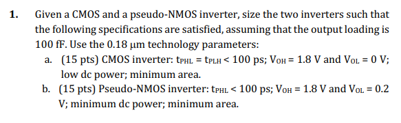 1. Given a CMOS and a pseudo-NMOS inverter, size the | Chegg.com