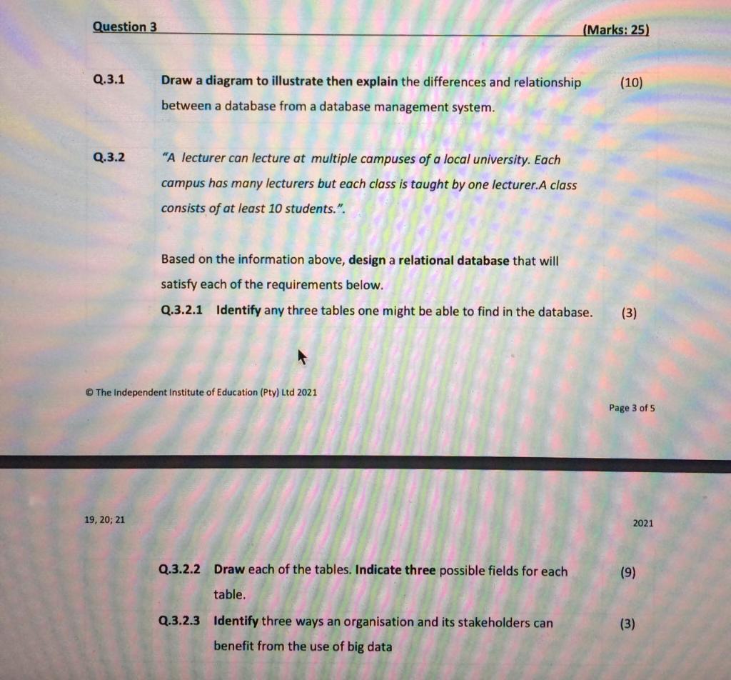 Solved Question 3 ( Marks: 25) Q.3.1 Draw a diagram to | Chegg.com