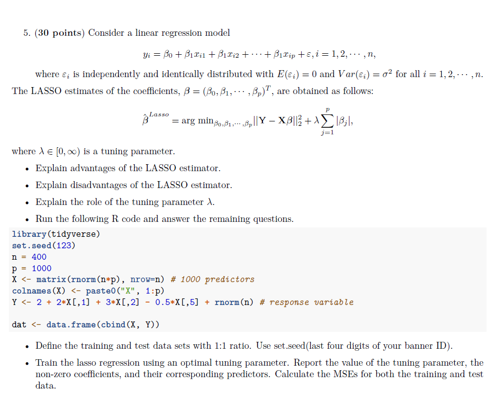 Solved 5. (30 points) Consider a linear regression model | Chegg.com