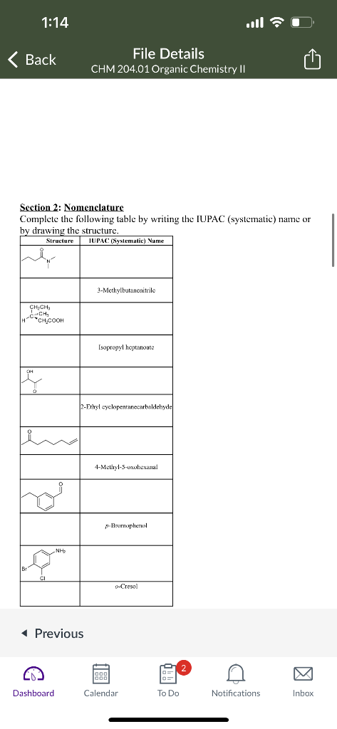 Solved Section 2: Nomenclature Complete the following table | Chegg.com