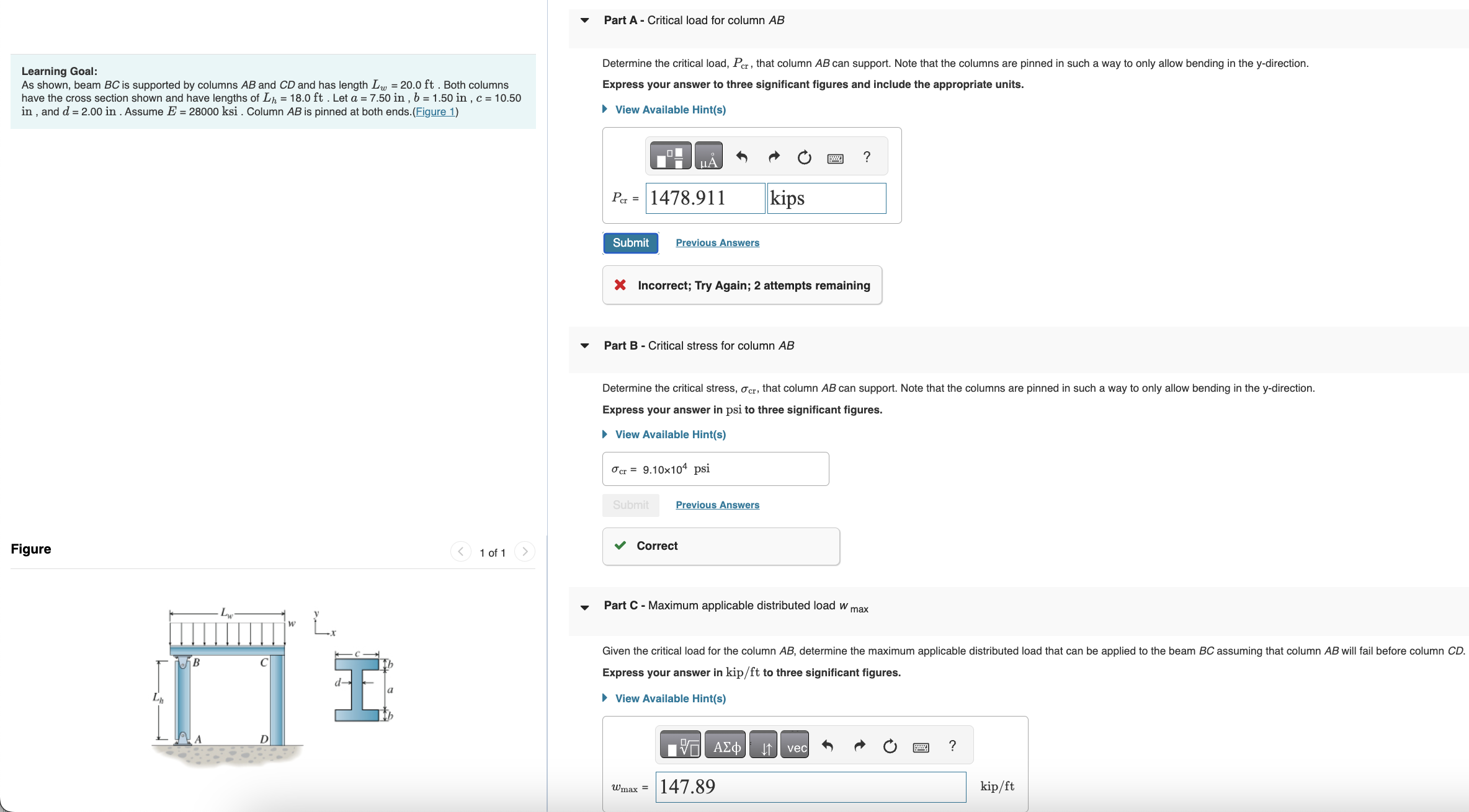 Solved Part A - ﻿Critical load for column ABLearning Goal:As | Chegg.com