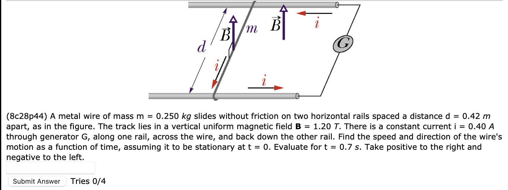 Solved (8c28p44) ﻿A metal wire of mass m=0.250kg ﻿slides | Chegg.com