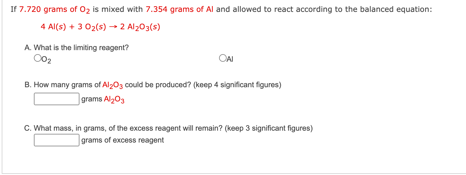 Solved If 7.720 grams of O2 is mixed with 7.354 grams of Al | Chegg.com