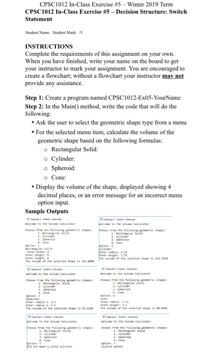 Solved CPSC 1012 In-Class Exercise #5-Winter 2019 Term CPSC | Chegg.com