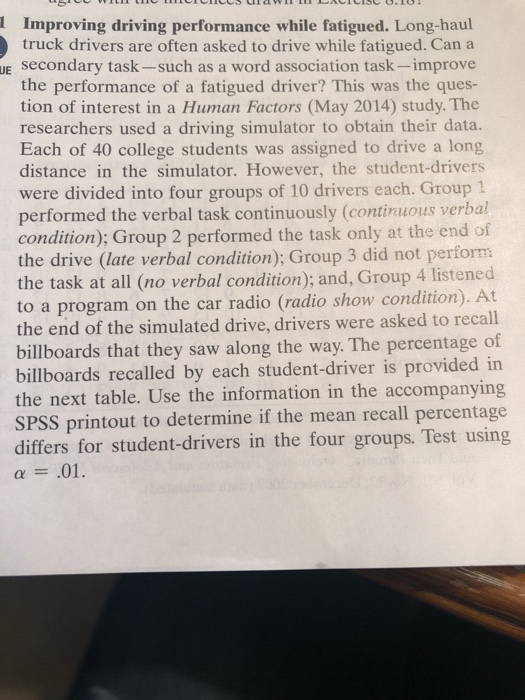 Solved Improving driving performance while fatigued. | Chegg.com