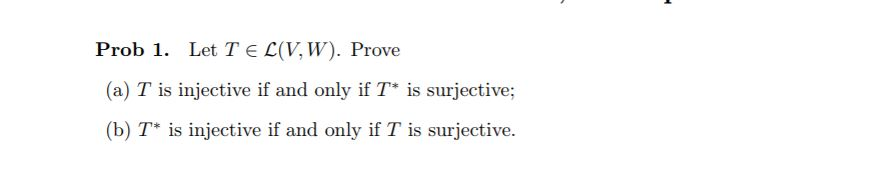 Solved Prob 1. Let T E L(V,W). Prove (a) T is injective if | Chegg.com
