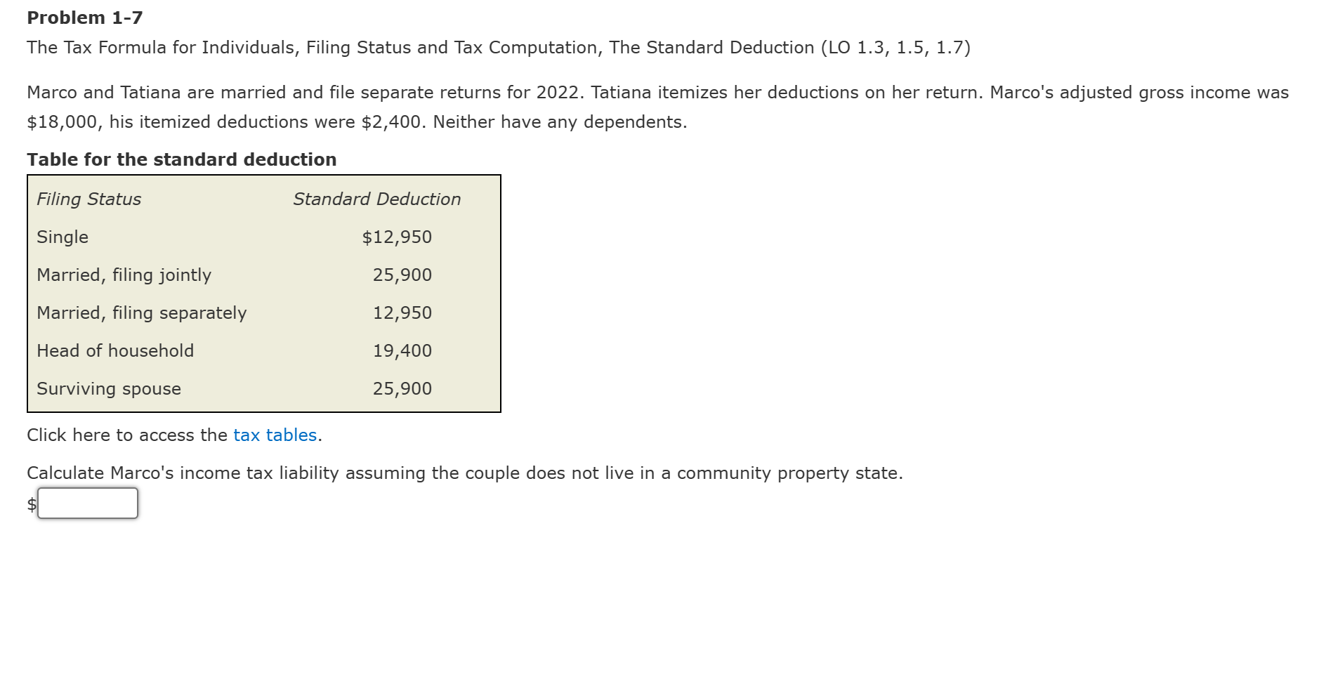 Solved Problem 1-7 The Tax Formula for Individuals, Filing | Chegg.com