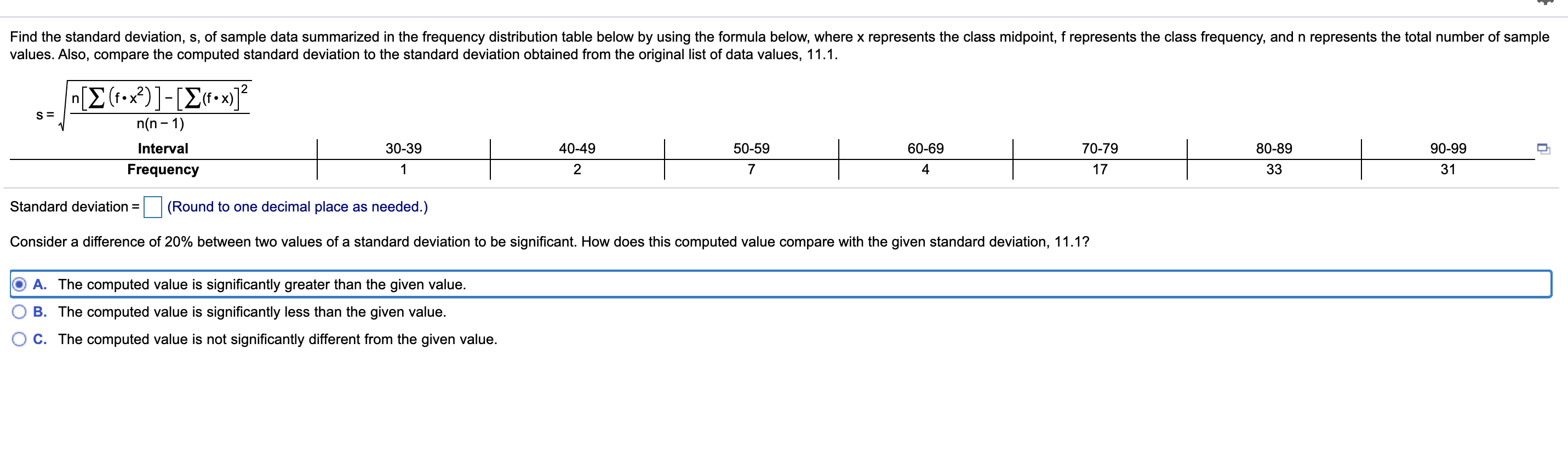 Solved Find the standard deviation, s, of sample data | Chegg.com