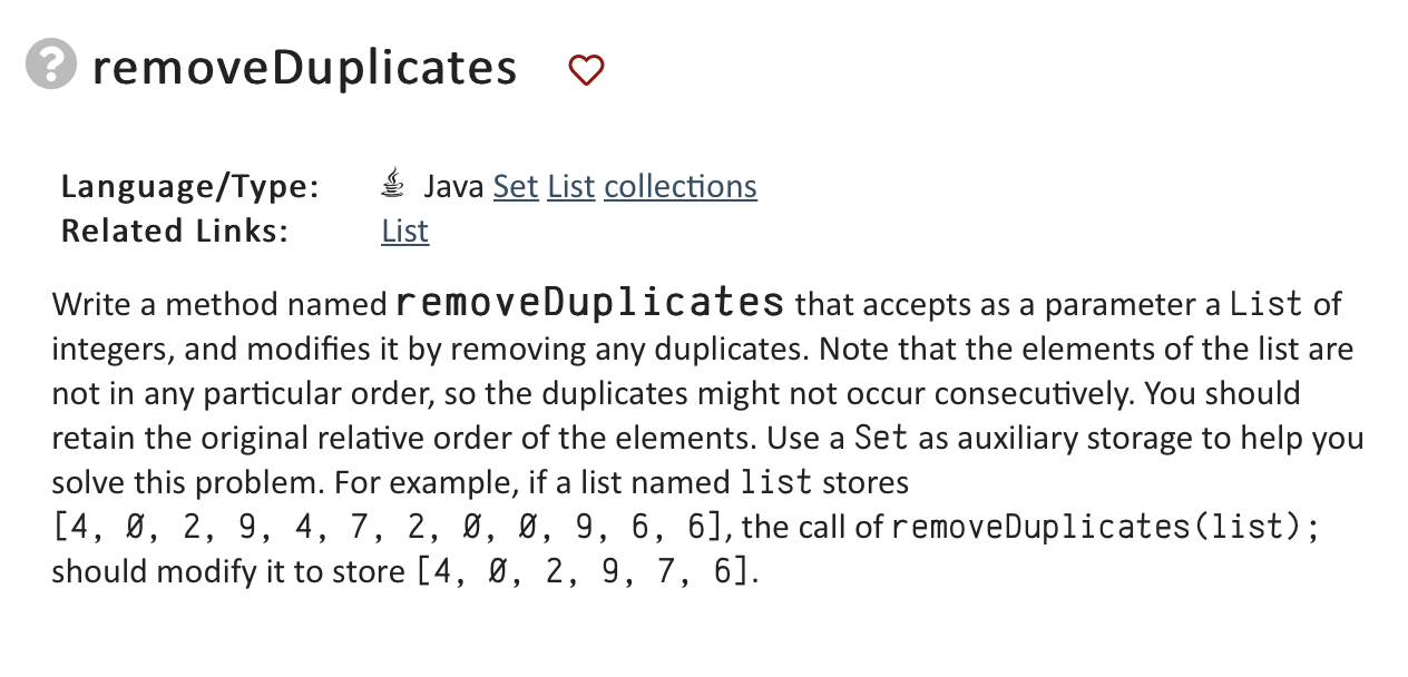 Solved removeDuplicates 0 Language/Type: 칠 Java Set List | Chegg.com