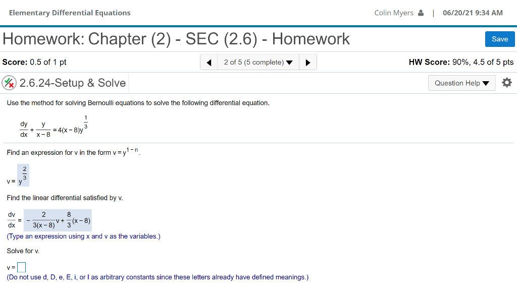 Solved PLEASE SOLVE FOR "V" IN THE DV/DX EQUATION I SOLVED | Chegg.com
