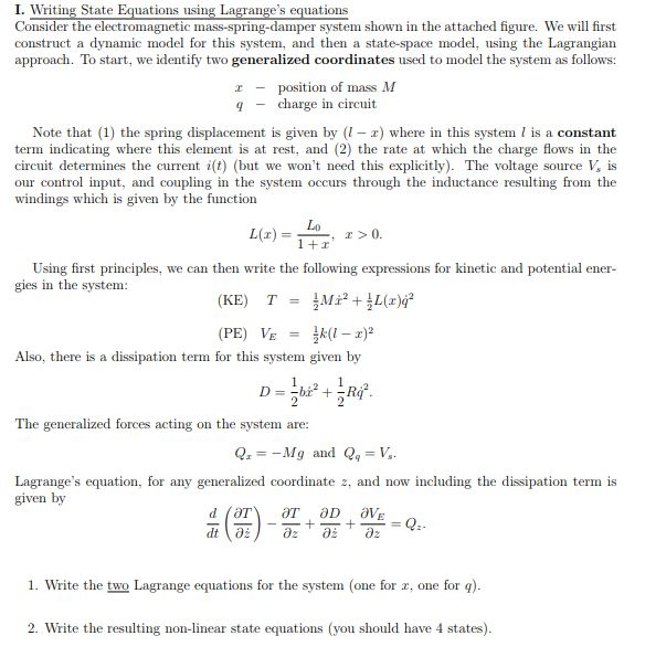 Solved I. Writing State Equtions using Lagrange's equations | Chegg.com
