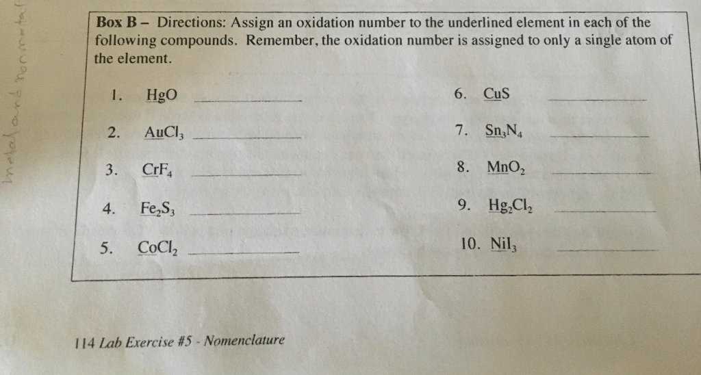 Solved Box B - Directions: Assign an oxidation number to the | Chegg.com