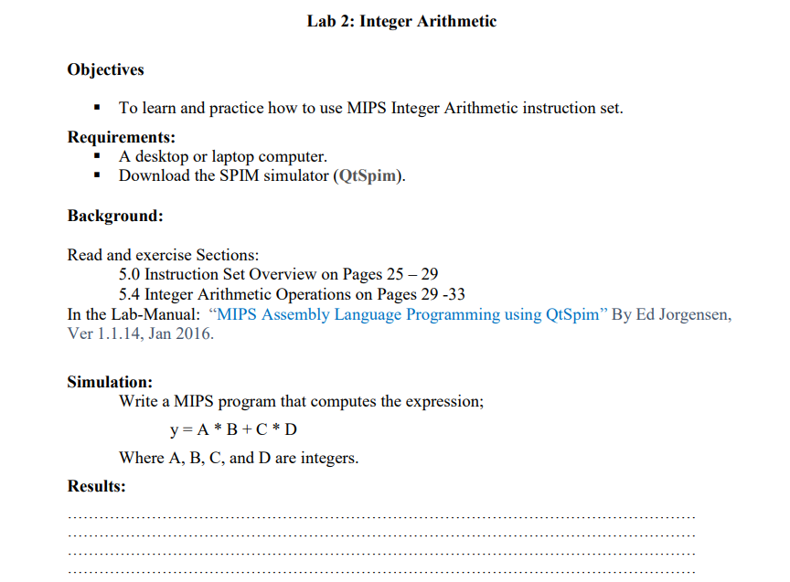 Solved Lab 2: Integer Arithmetic Objectives • To learn and | Chegg.com