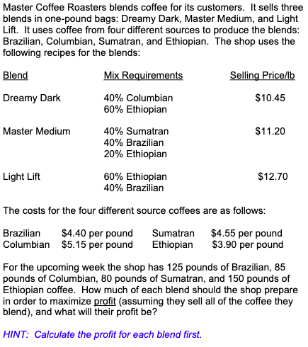 Solved Master Coffee Roasters blends coffee for its | Chegg.com