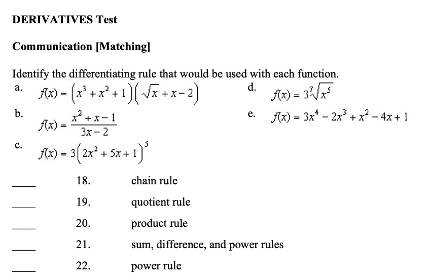 Solved DERIVATIVES Test Communication [Matching] Identify | Chegg.com