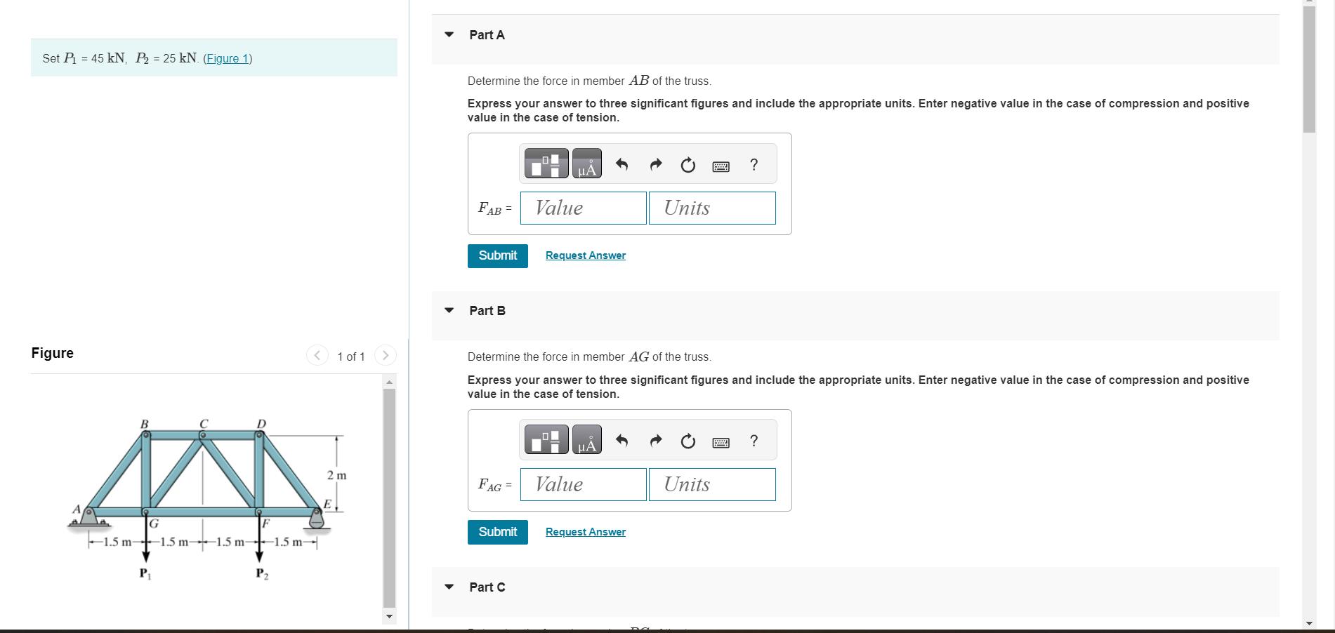 Solved Set P1=45kN,P2=25kN. (Figure 1)FigurePart ADetermine | Chegg.com