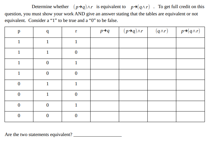 Solved Determine whether (p→q)∧r is equivalent to p→(q∧r). | Chegg.com