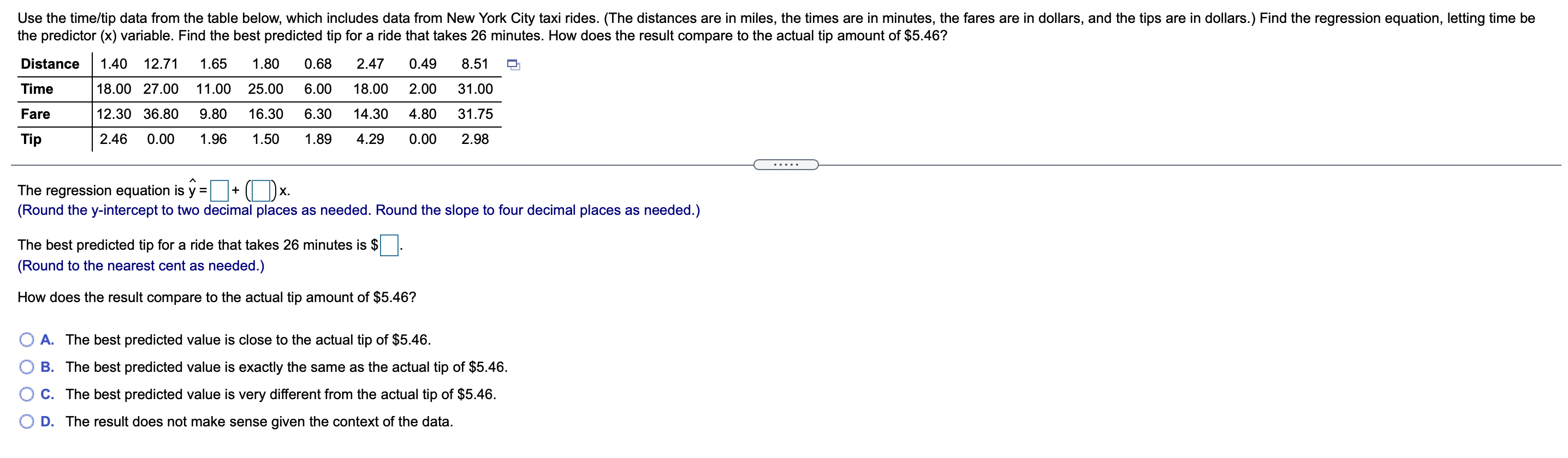 Solved Use the time/tip data from the table below, which | Chegg.com