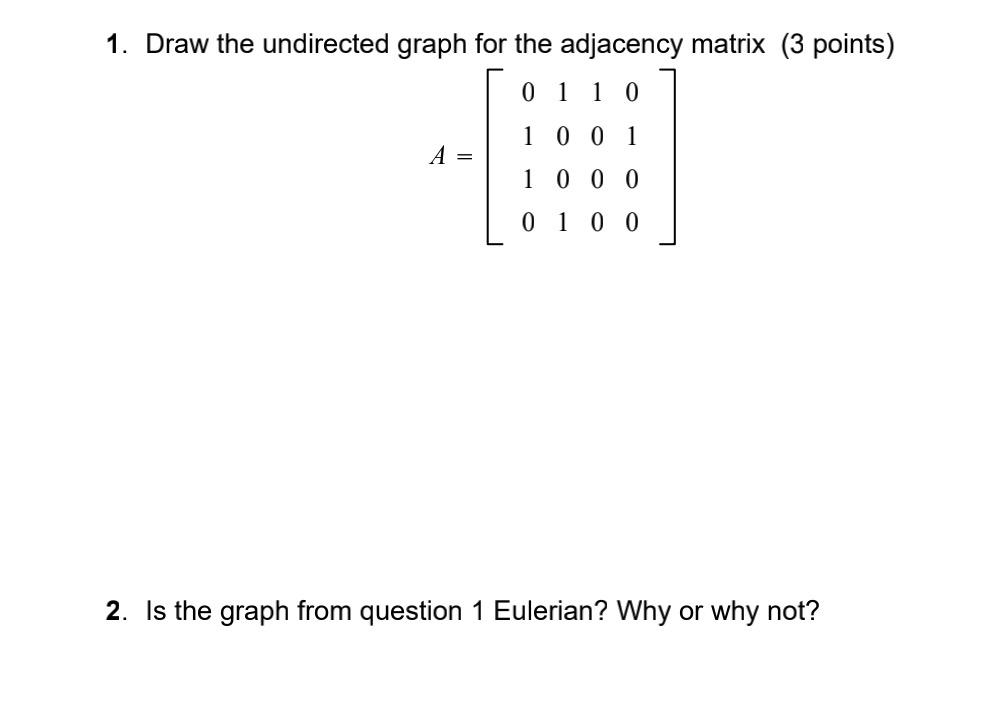 Solved 1. Draw the undirected graph for the adjacency matrix | Chegg.com