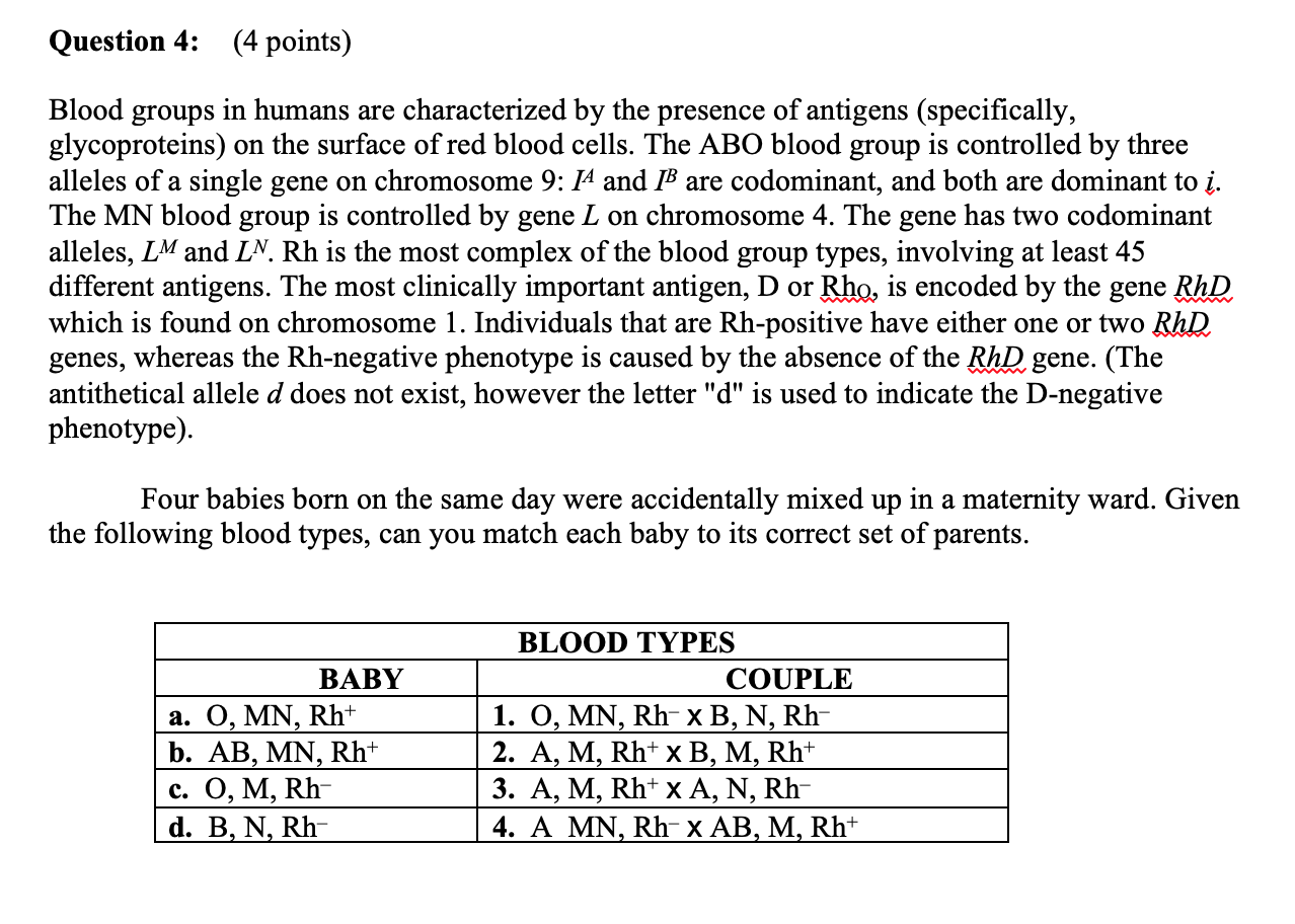 Solved Question 4: (4 points) Blood groups in humans are | Chegg.com
