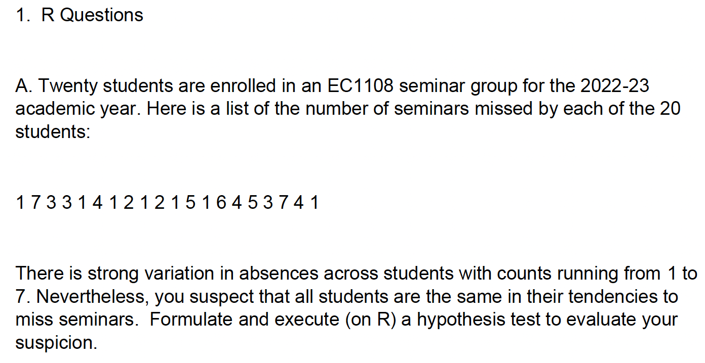 Solved R QuestionsA. ﻿Twenty students are enrolled in an | Chegg.com