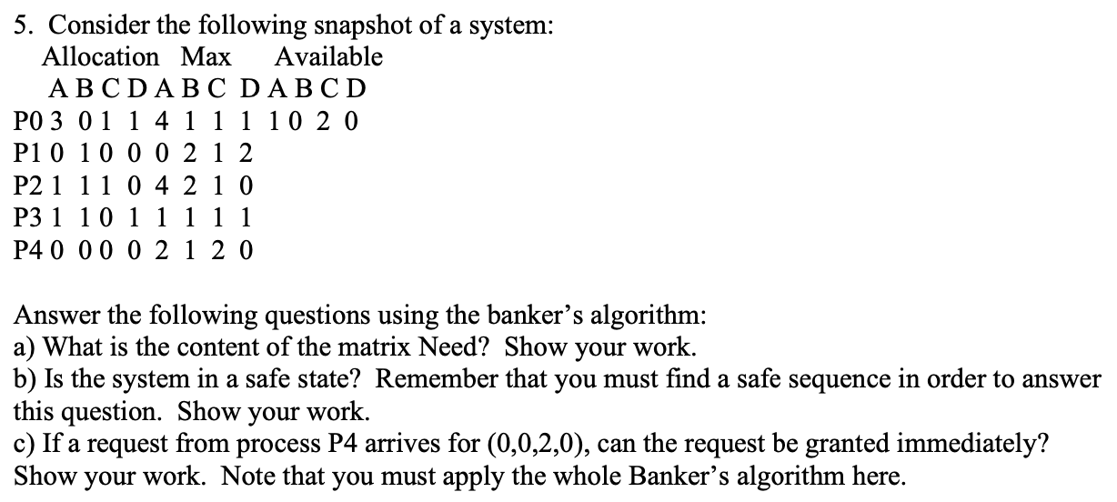 Solved 5. Consider the following snapshot of a system: | Chegg.com