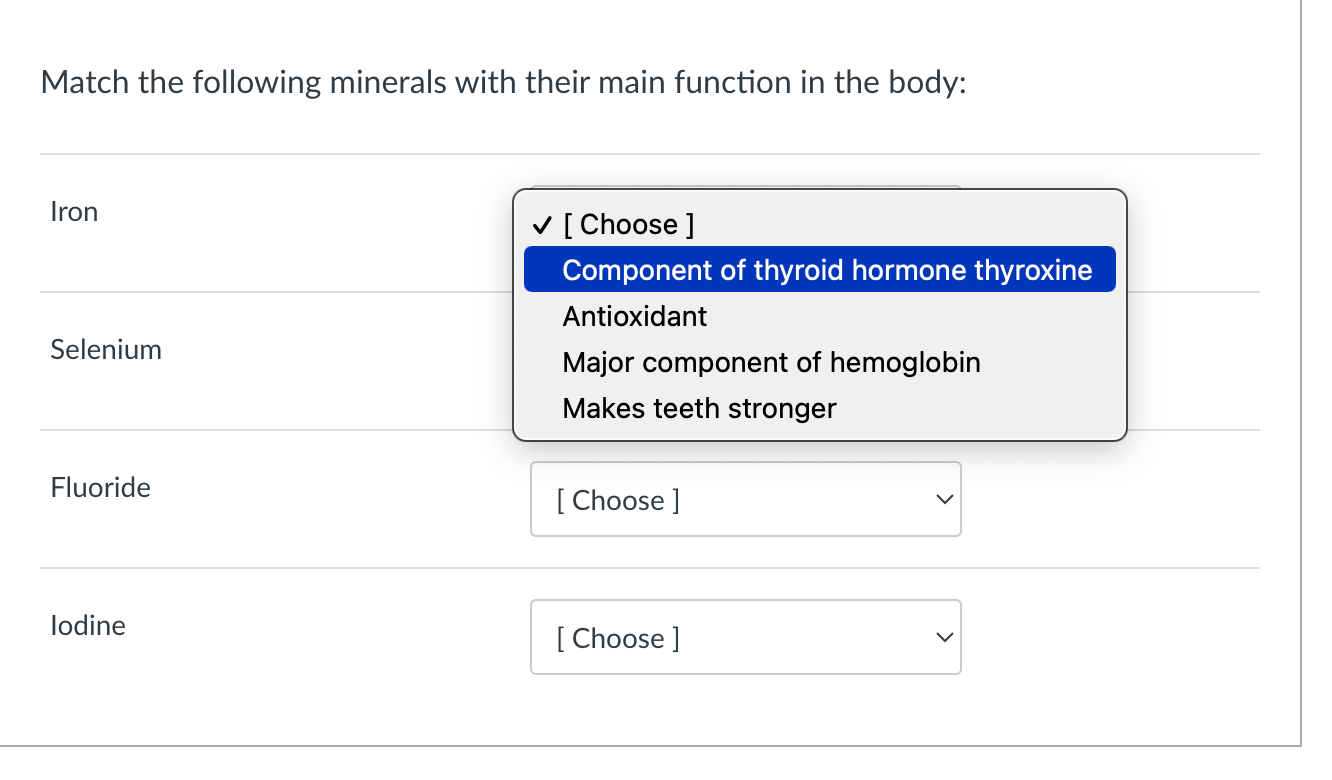 Solved Match the following minerals with their main function | Chegg.com