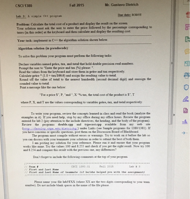 Solved CSCI 1380 Fall 2015 Mr. Gustavo Dietrich Lab 3: A | Chegg.com