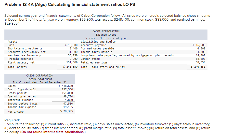 Solved Problem 13-4A (Algo) Calculating financial statement | Chegg.com Solved Problem 13-4A (Algo) Calculating financial statement | Chegg.com
