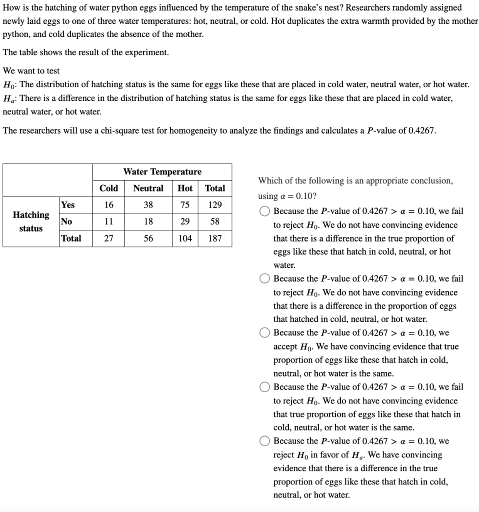 Solved How is the hatching of water python eggs influenced | Chegg.com