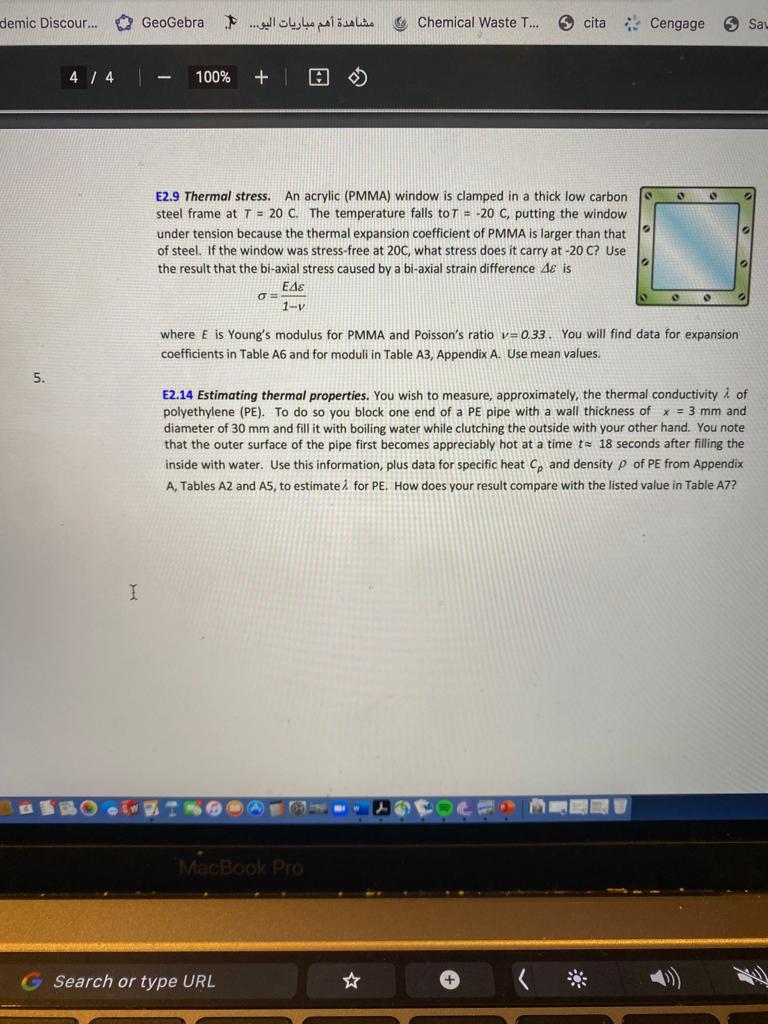Solved E2.9 Thermal stress. An acrylic (PMMA) window is | Chegg.com