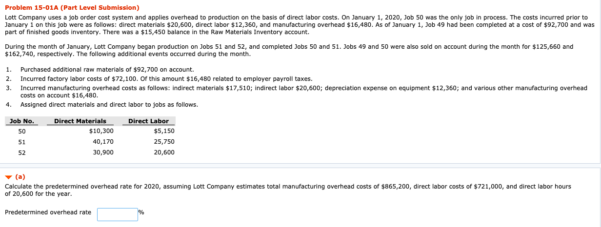 Solved Problem 15-01A (Part Level Submission) Lott Company | Chegg.com