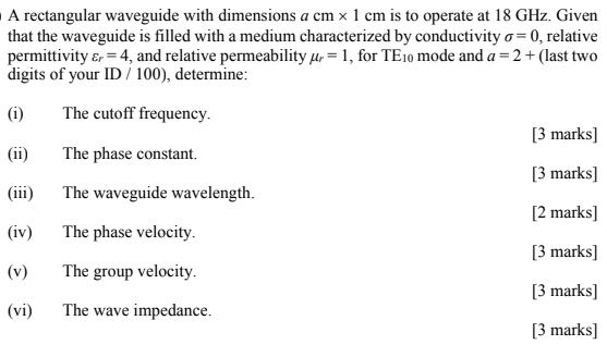 Solved A rectangular waveguide with dimensions a cm x 1 cm | Chegg.com