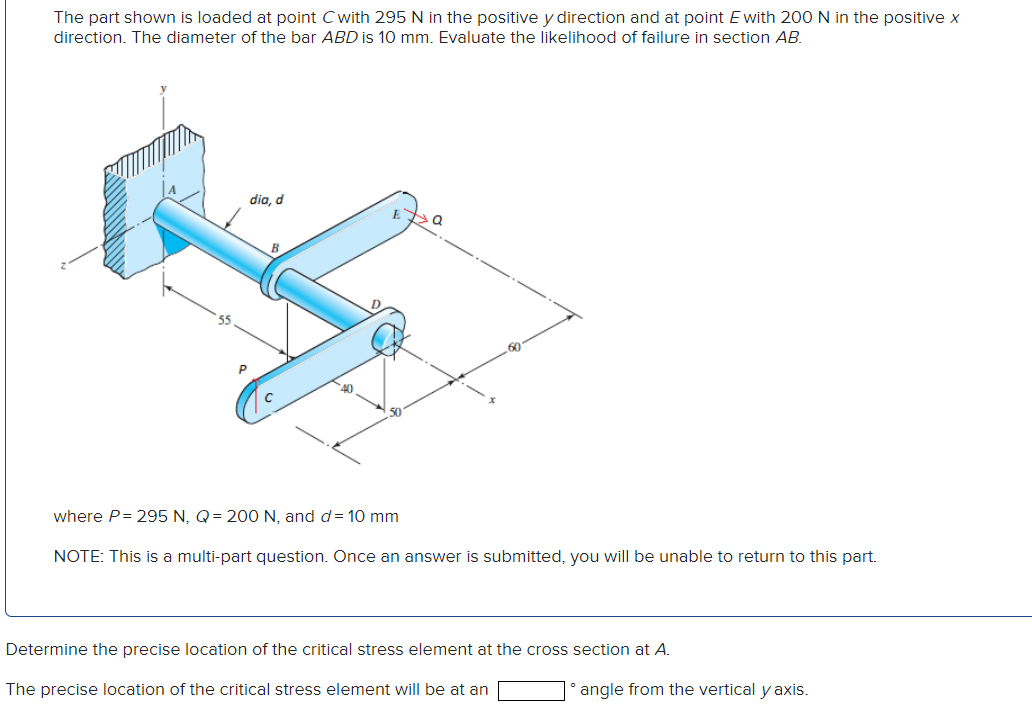 Solved The part shown is loaded at point C with 295 N in the | Chegg.com