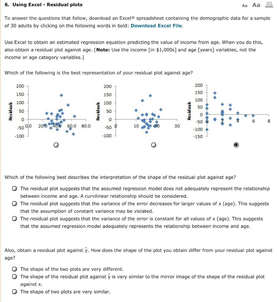 Solved 6. Using Excel - Residual plots Аа Аа To answer the | Chegg.com