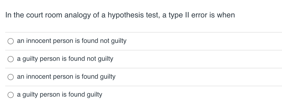 Solved In the court room analogy of a hypothesis test, a | Chegg.com